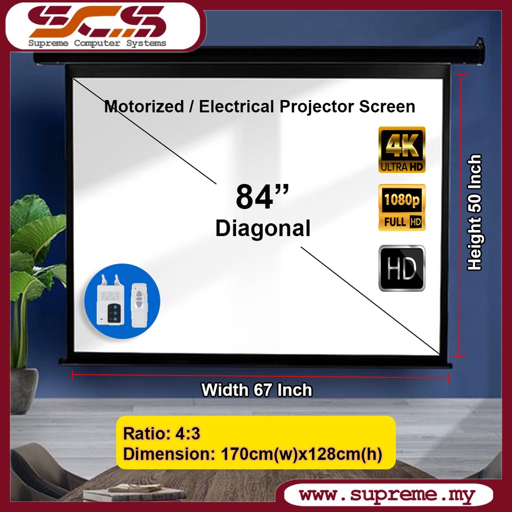 PROJECTOR SCREEN】84" 7 ft Electric Screen/Motorized Screen width 4:3 ...