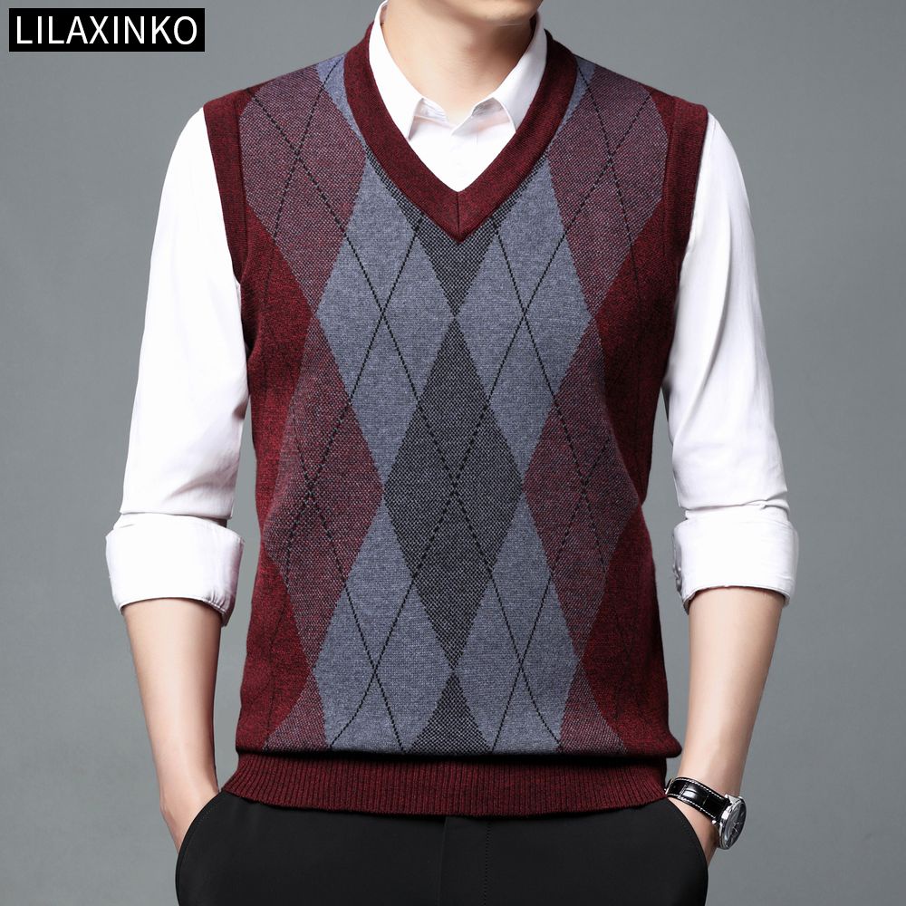 4 Color Men Vest Sleeveless Sweater Knit V Neck Checkered Plaid Striped ...