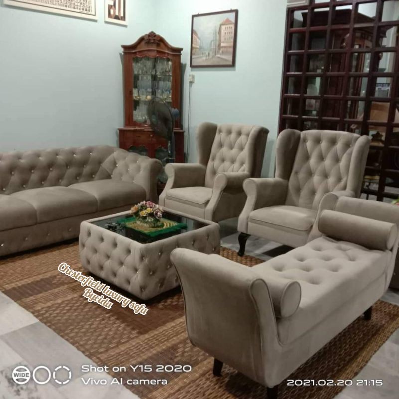 chesterfield Luxury sofa velvet with diamond 3+2+1+meja penghantaran ...