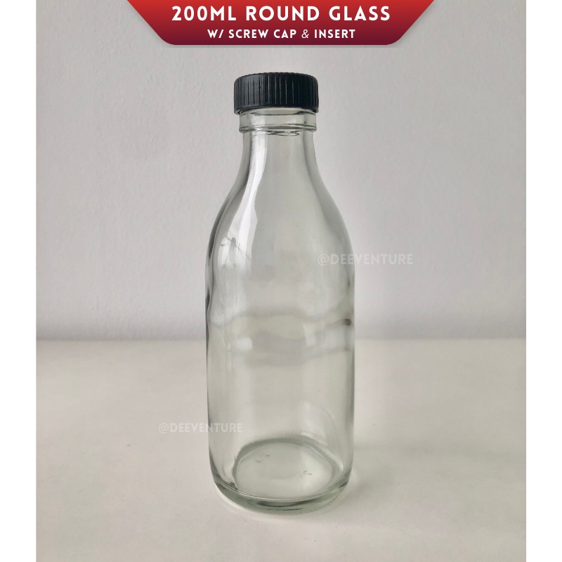 200ml Round Glass Bottle with Cap and Insert for drinks and beverages ...