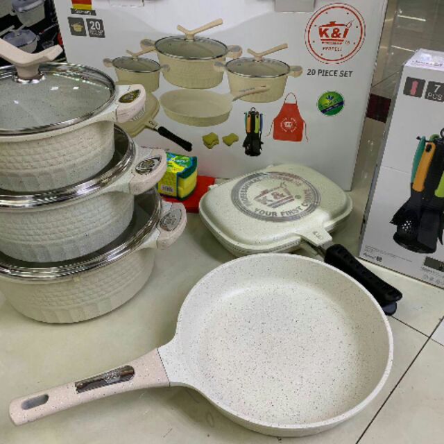 K&I WHITE GRANIT LINE NON STICK COOKWARE 20PCS | Shopee Malaysia