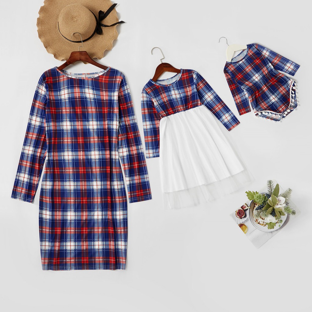 Parent Child Mom and Daughter Clothes Long Sleeve Checked Print Dress ...