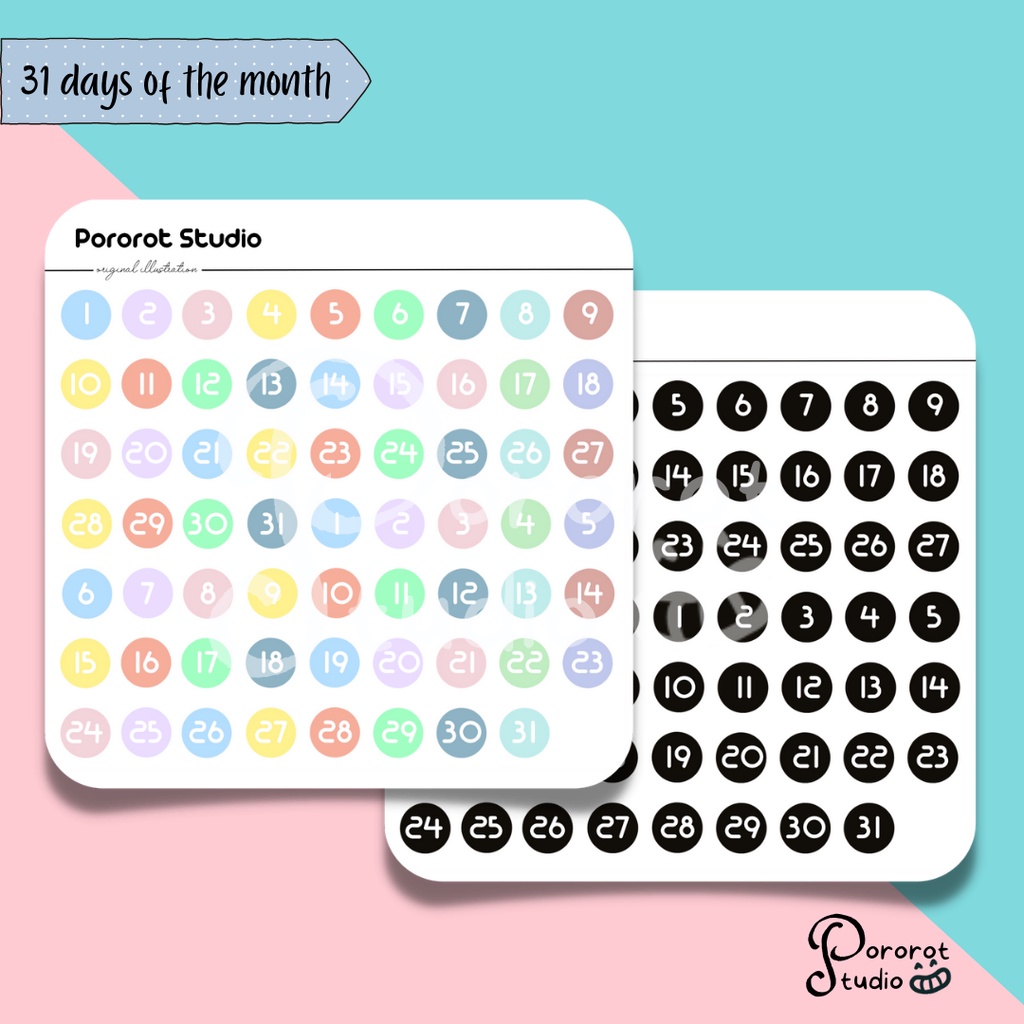 Pororot Studio I 31 Days of the month sheet for diary planner ...