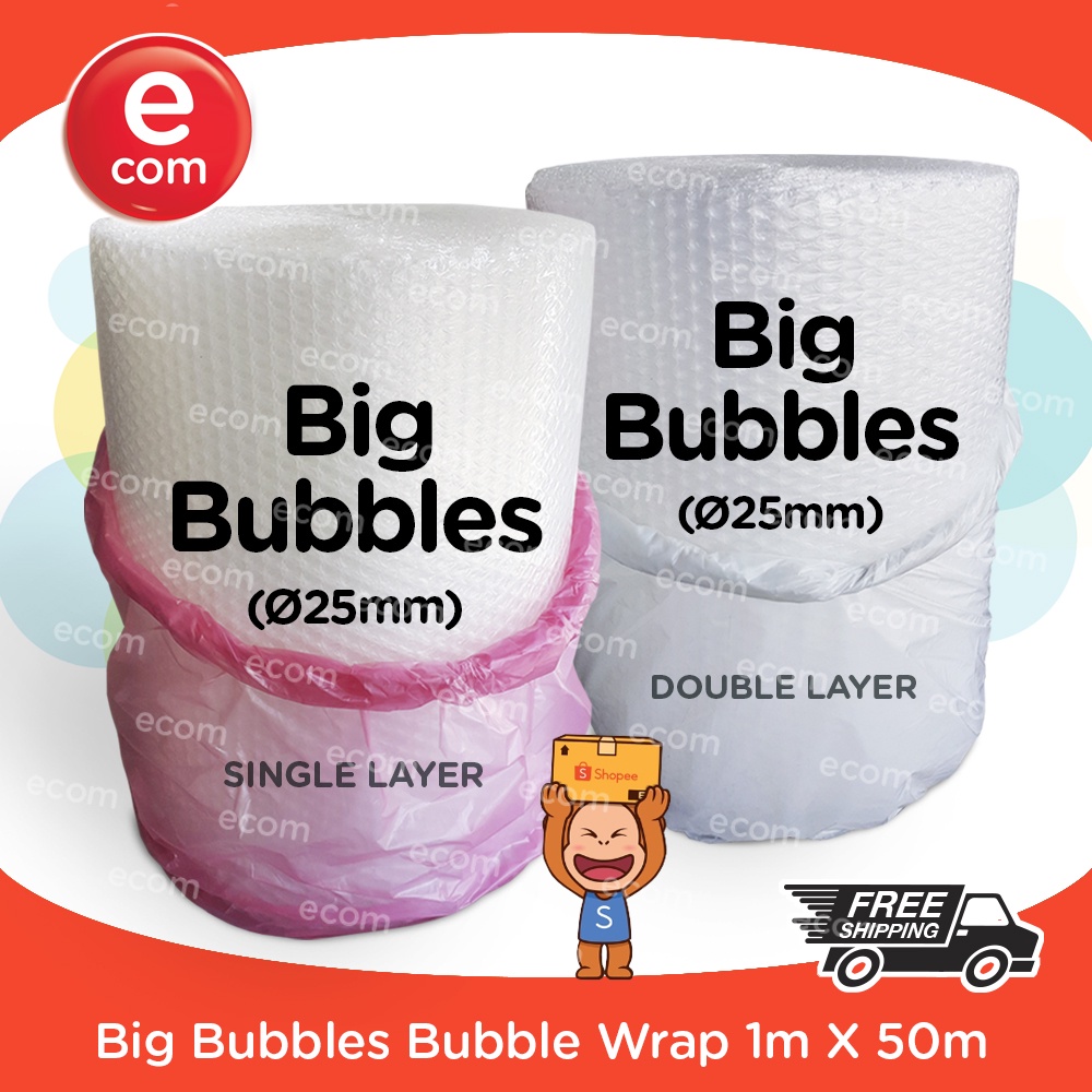 BIG BUBBLE BUBBLE WRAP SINGLE / DOUBLE LAYER 1m X 50m ( 25mm bubble size diameter ) | Shopee ...