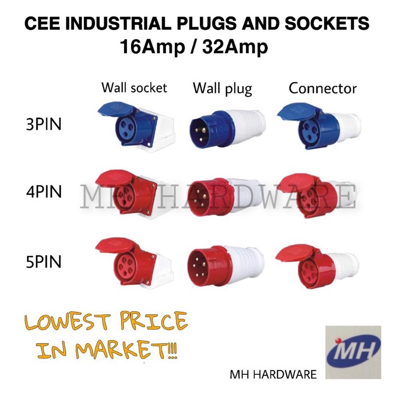 INDUSTRIAL PLUG & SOCKET CONNECTOR (16A 32A) 3 PIN 4 PIN 5 PIN BLUE/RED SINGLE PHASE (NO SIRIM ...