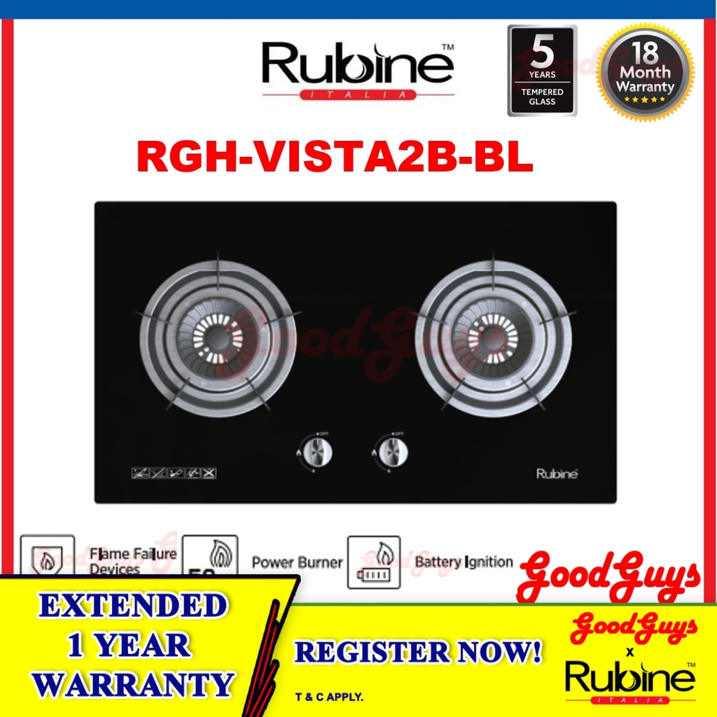 Rubine RGH-VISTA2B-BL Built-In Gas Hob 2 Burner 5.0kW | Built-in Safety ...