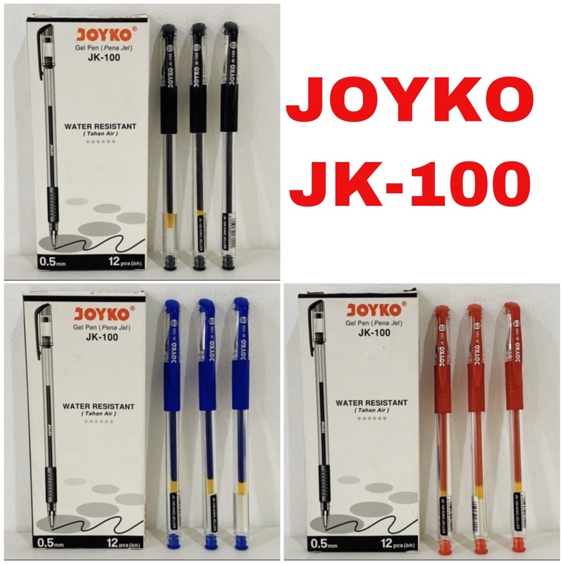 MERAH HITAM Pulpen JOYKO JK-100 GEL PEN 0.5 MM (BLACK, BLUE, RED) / 1 BOX CONTAINS 12 PCS ...