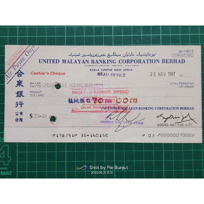 old cheque without stamp. United Malayan Banking Corporation Berhad ...
