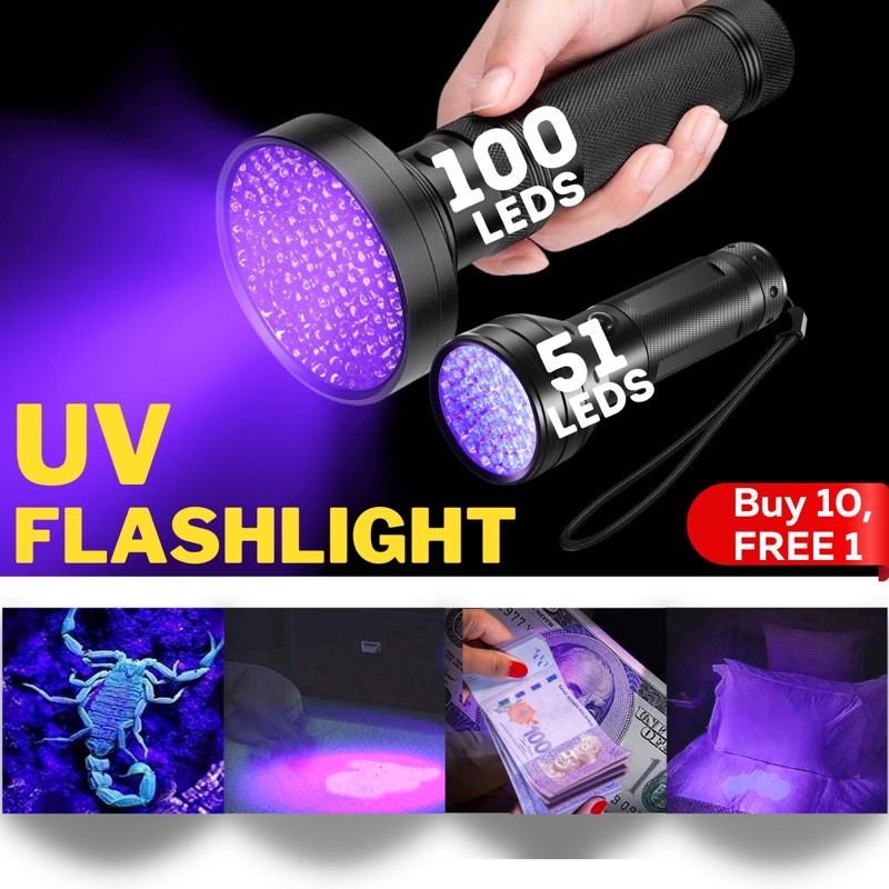 (100 LEDs) UV Flashlight / Money Detector / Pet Urine Detector / Stains Detector / Bed Bugs ...