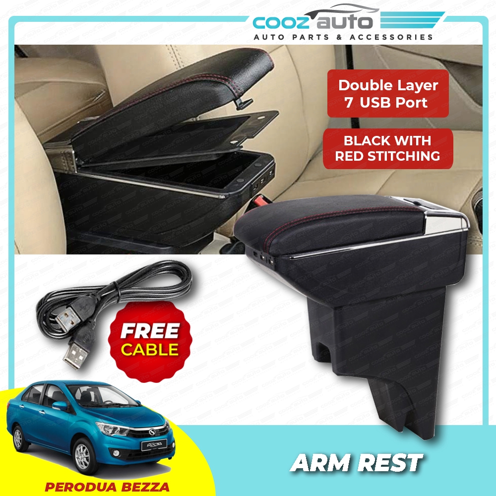 Perodua Bezza 7 USB Double Layer Arm Rest Armrest Console Black Leather ...