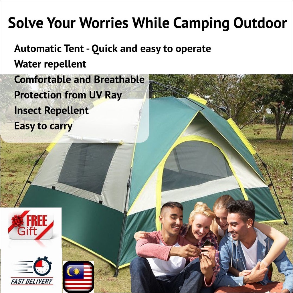 Automatic Camping Tent Khemah 3-4 People Quick Easy Foldable Waterproof ...