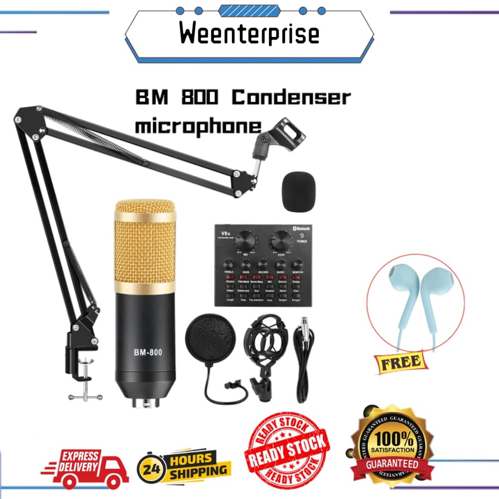 [Ready Stock] BM 800 MIC WITH FREE EARPHONES MICROPHONE CONDENSER V8 ...