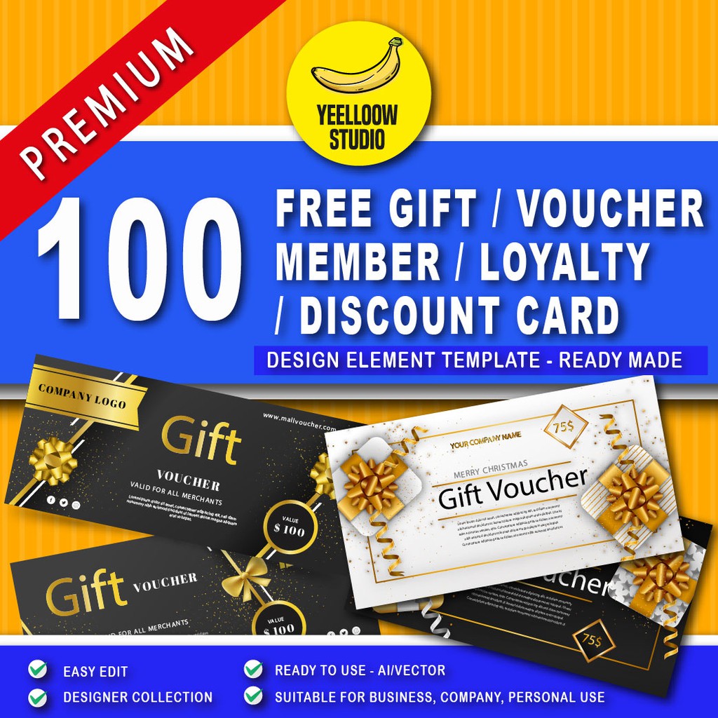 100 FREE GIFT, VOUCHER, MEMBER CARD, ROYATY CARD Design template - Ai ...