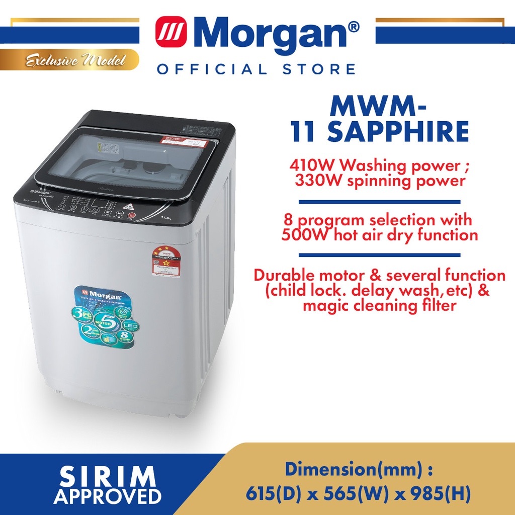 Morgan Top Load Fully Auto Washing Machine (11kg) + Hot Air Dryer (3kg) MWM-11 SAPPHIRE | Shopee ...