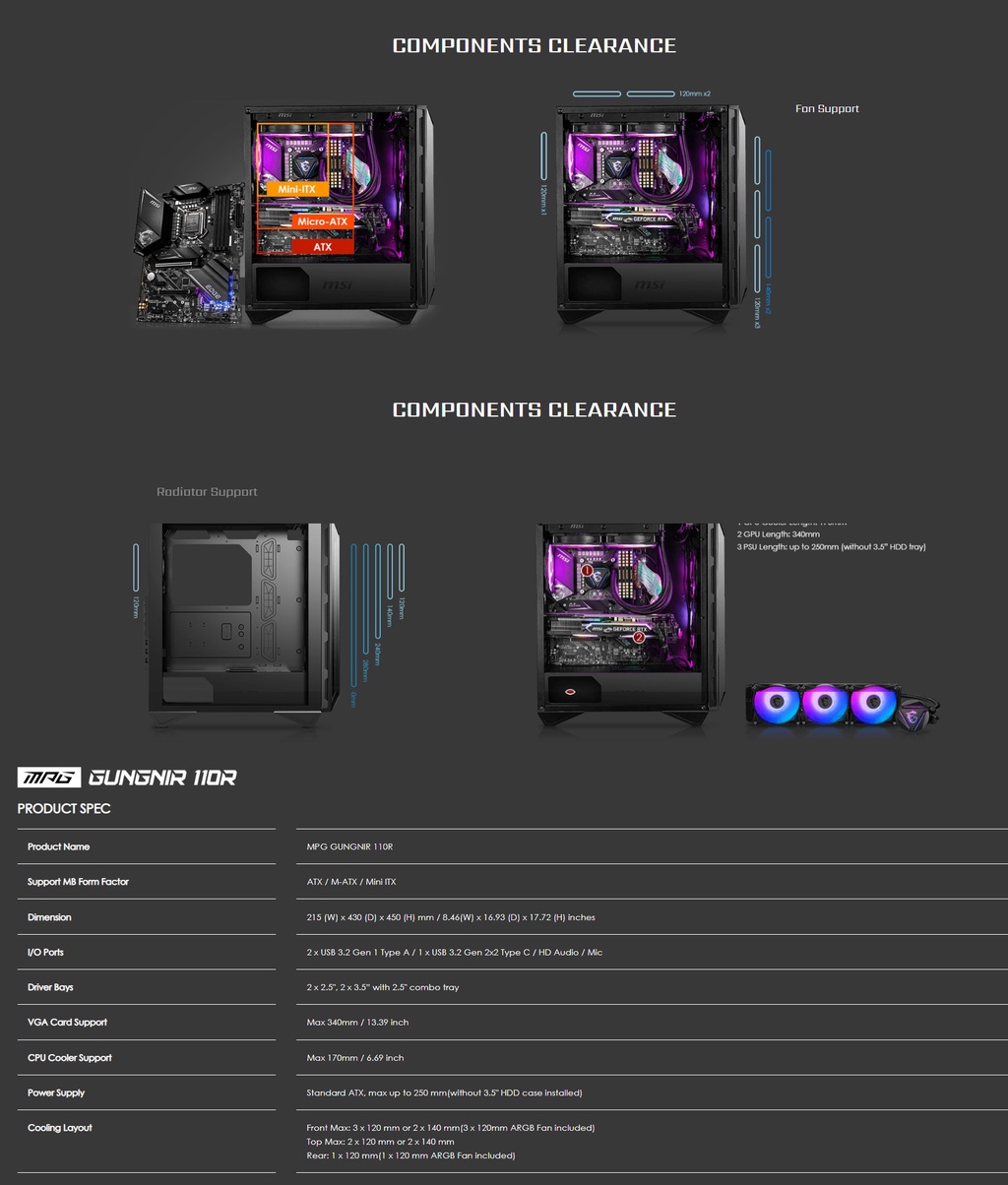 (AONE PLUS SS2) MSI MPG GUNGNIR 110R ATX Mid Tower Computer Case ...