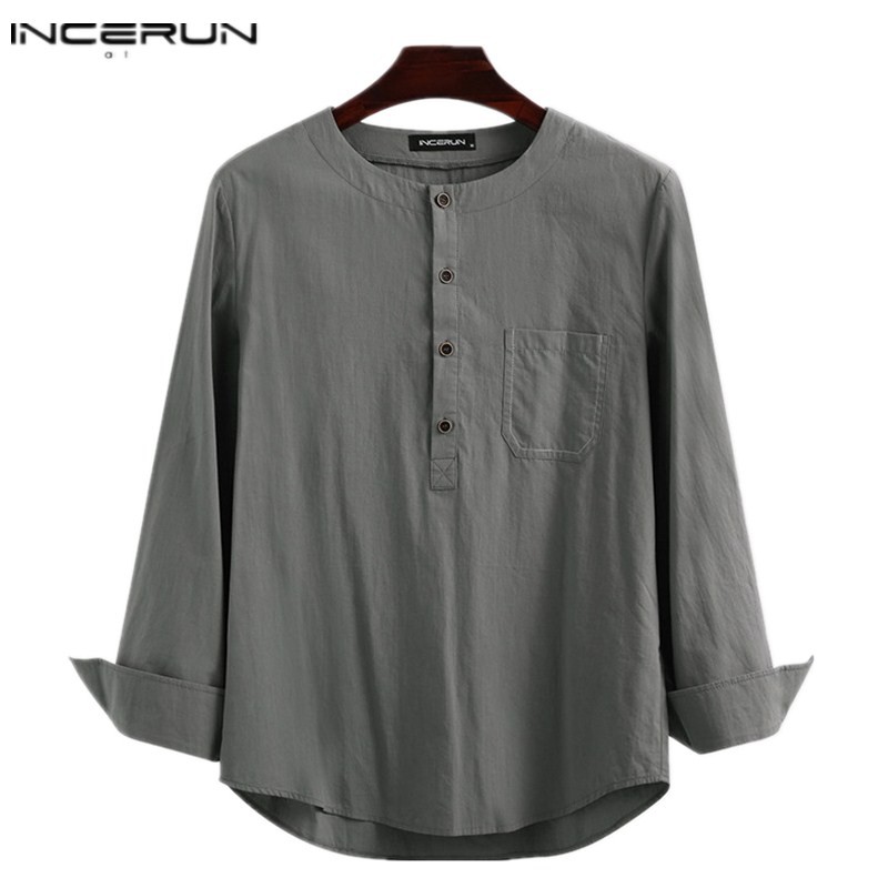 INCERUN Mens Vintage Cotton Long Sleeve Button Down Loose Tops | Shopee ...