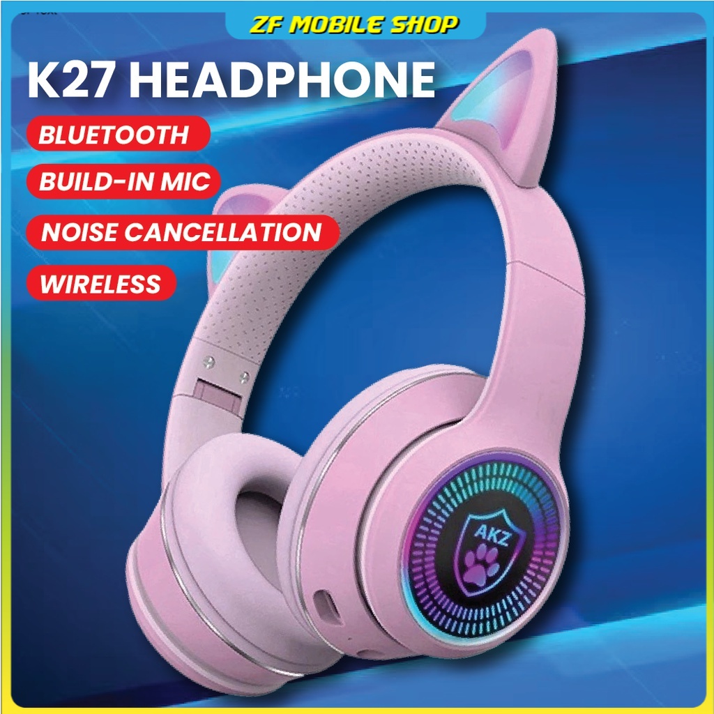 AKZ K-27 Cute Cat Ear Headphone Bluetooth 5.0 Wireless Headset with microphone LED light ...