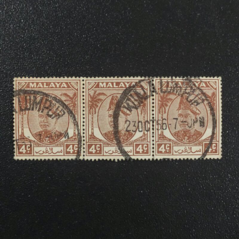 1949-1955 Stamp Malaya-Selangor-Strip of 3-Used Stamp-4c deep brown ...