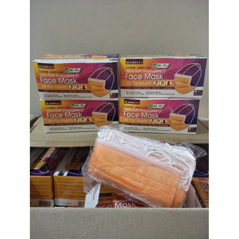 😷ORIGINAL & READY STOCK 😷 FACE MASK 3 LAYERS / PLY COLOUR ORANGE 50 ...