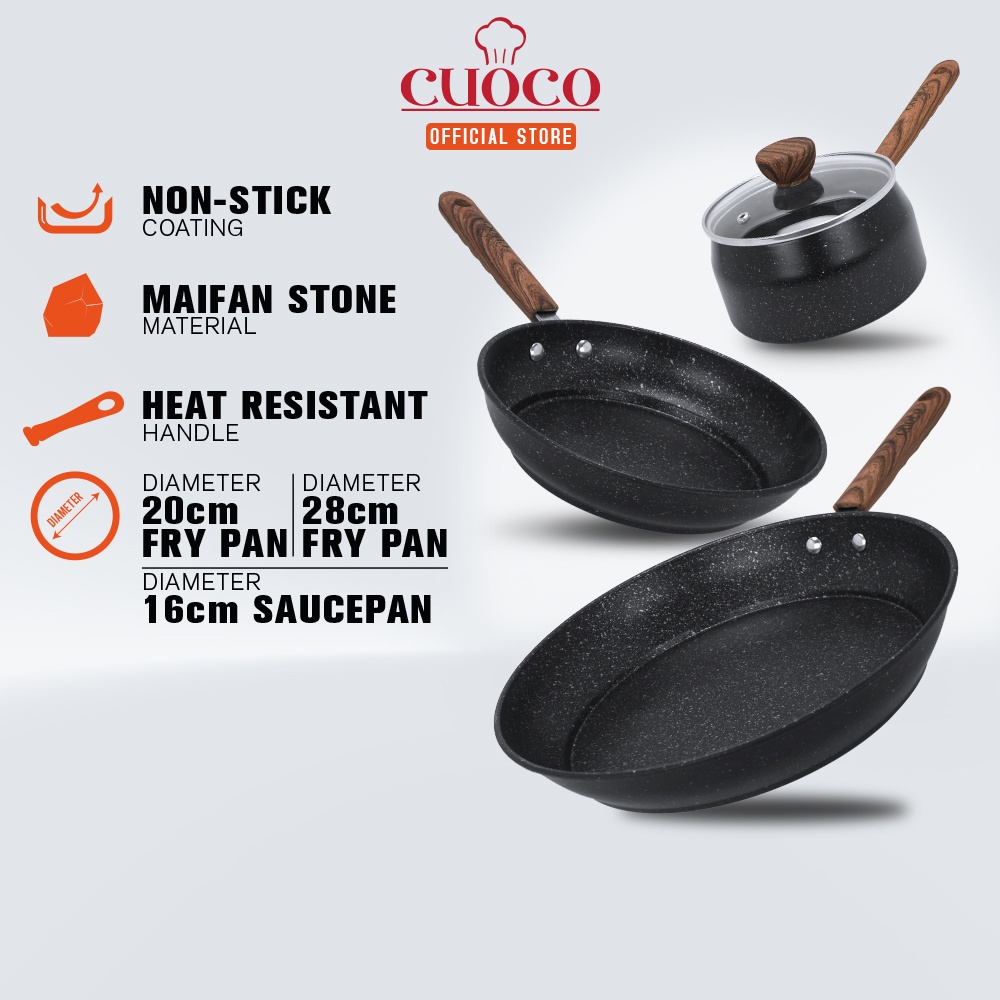 Cuoco Maifan Stone 28cm Fry Pan 20cm Fry Pan 16cm Sauce Pan With Glass Lid CW01 CW02 CW03 ...