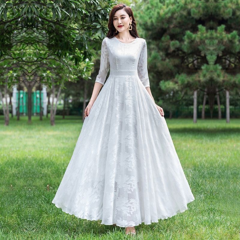 White Chiffon Dress long swing elegant dress women | Shopee Malaysia