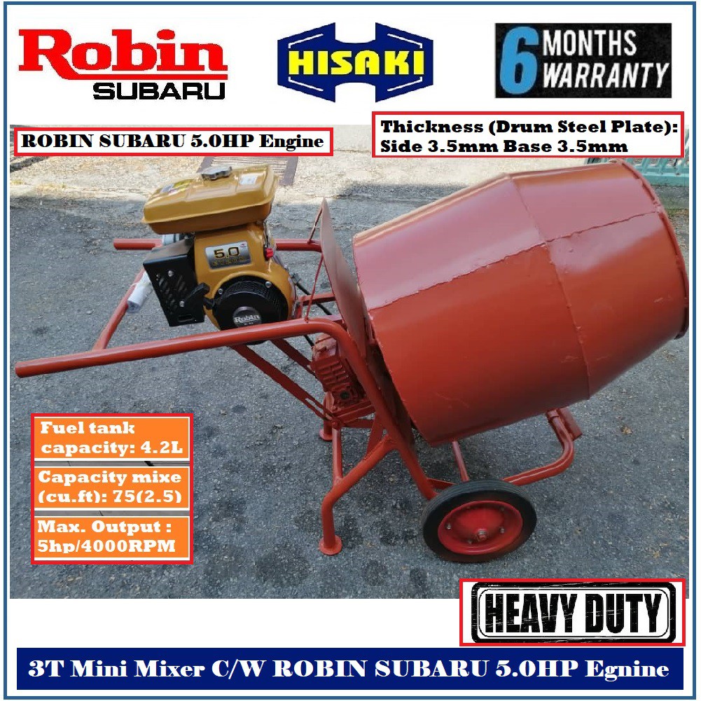 HISAKI 3T Concrete Mini Mixer With (Original) ROBIN SUBARU EY20 5.0HP ...