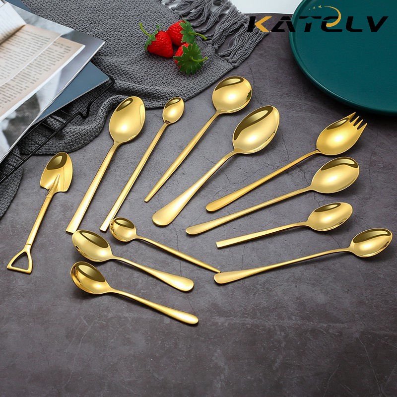 Stainless Steel Gold Spoon Set Matal Korean Spoon Sudu Spork Coffee Ic ...