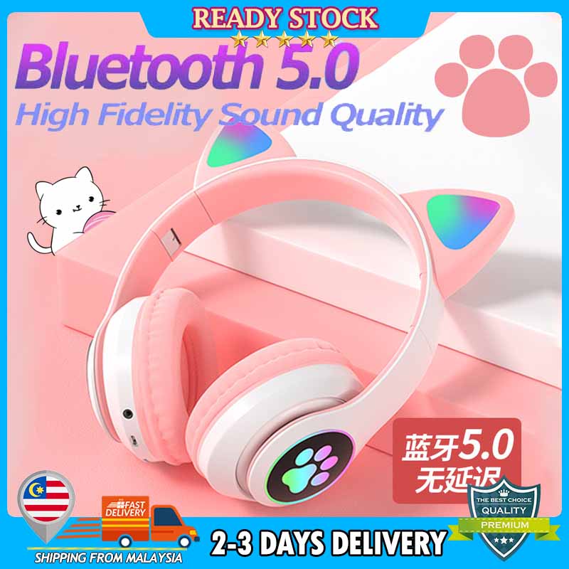 LED Cat Ear Cute Wireless Bluetooth headfon with mic Stereo Bass Gamer ...