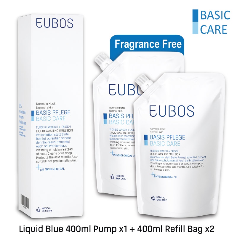 EUBOS Liquid Washing Emulsion 400ML PUMP x1 + 400ML REFILL BAG X2 (BLUE ...
