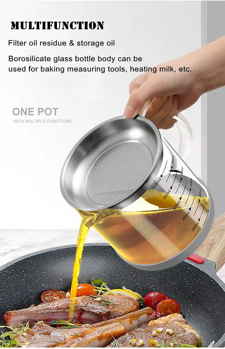 1L/1.5L/1.8L Transparent Glass Oil Filter Pot With Scale Oil Strainer ...