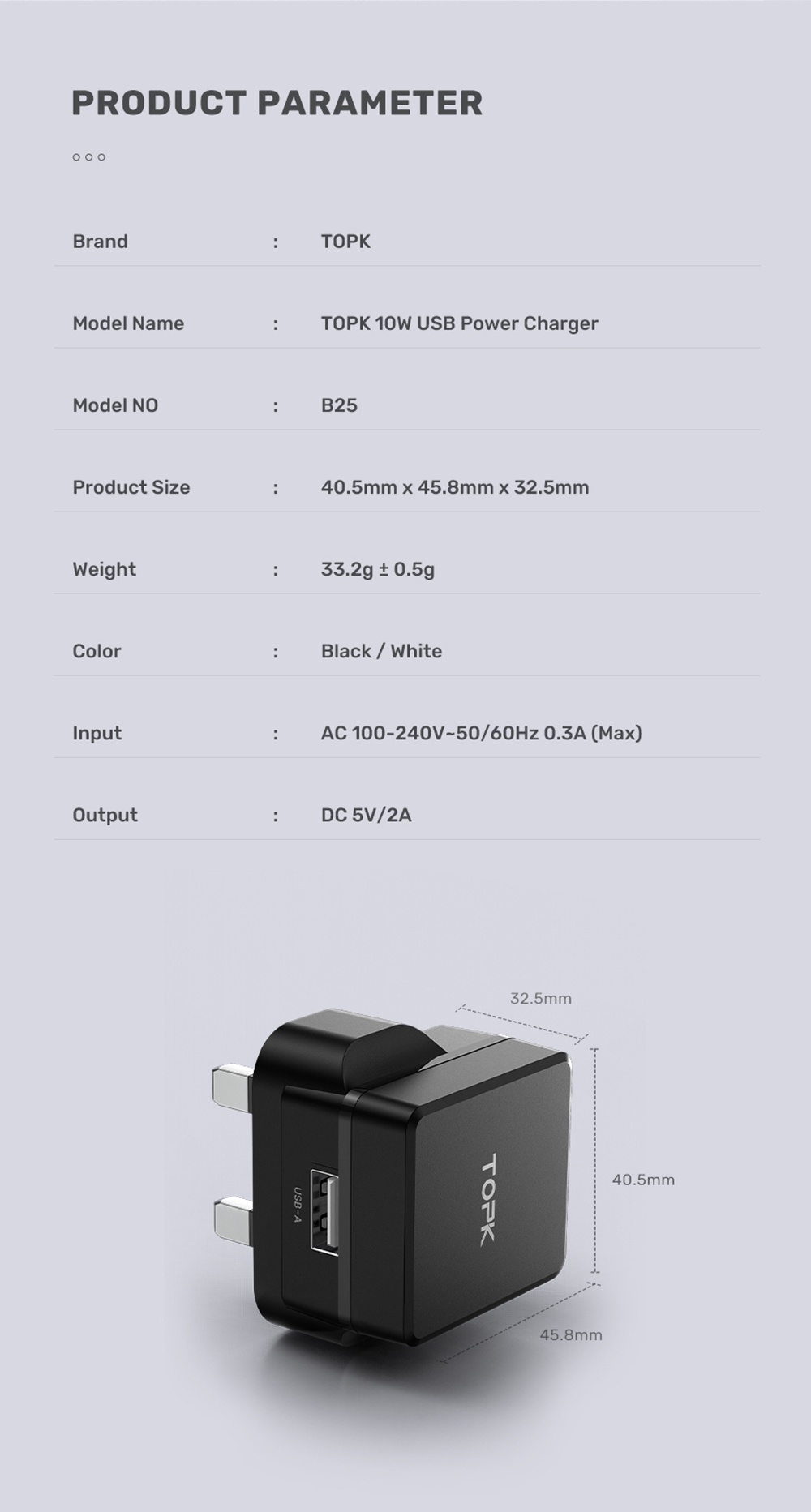TOPK B25 10W USB Charger QC2.0 1 Port UK Charger Universal Charger ...