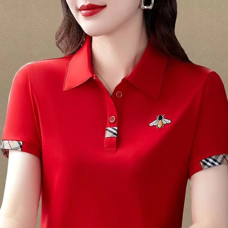 Korean Solid Color Polo Shirt Women's Summer Embroidery Polo Shity ...