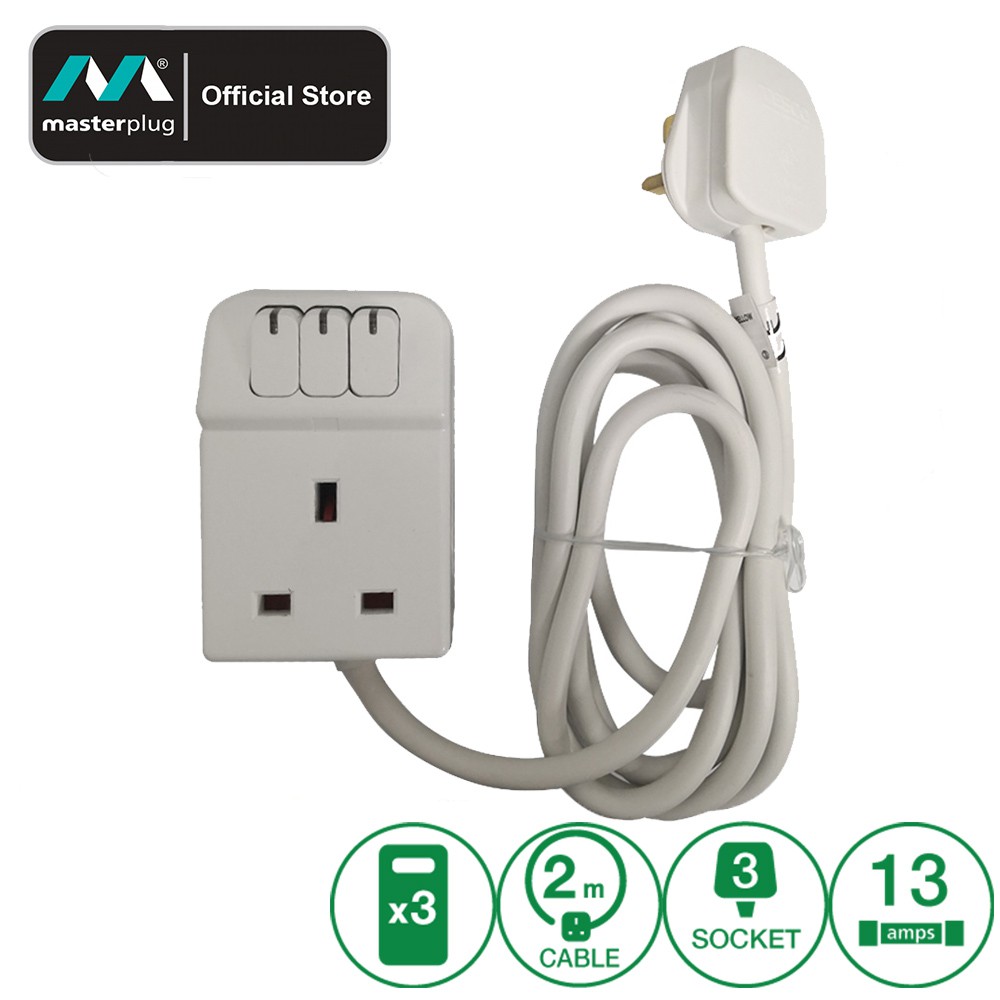 Masterplug Switched Individual Power 3 Gang 2 Meter 13amp Extension ...