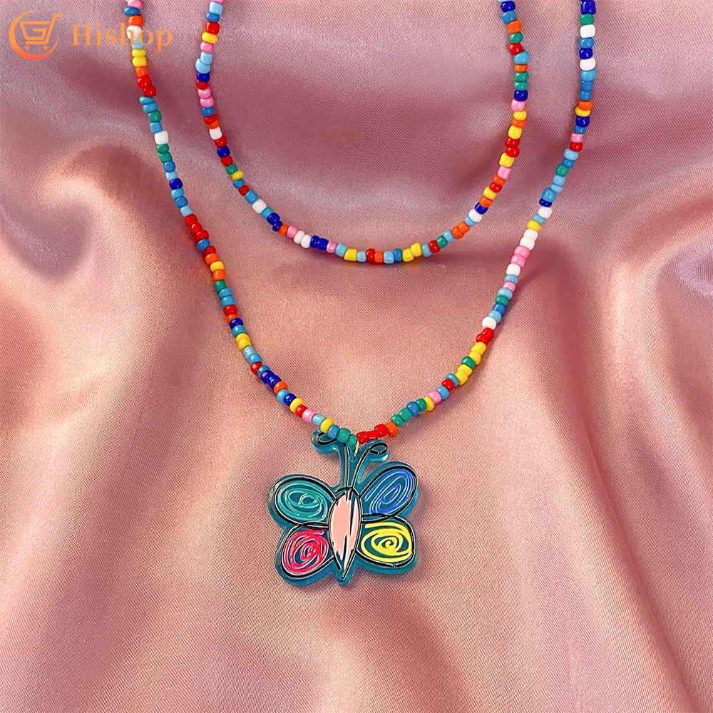 Double Layer Beads Necklace Butterfly Flower Pendant Chain Choker Women ...