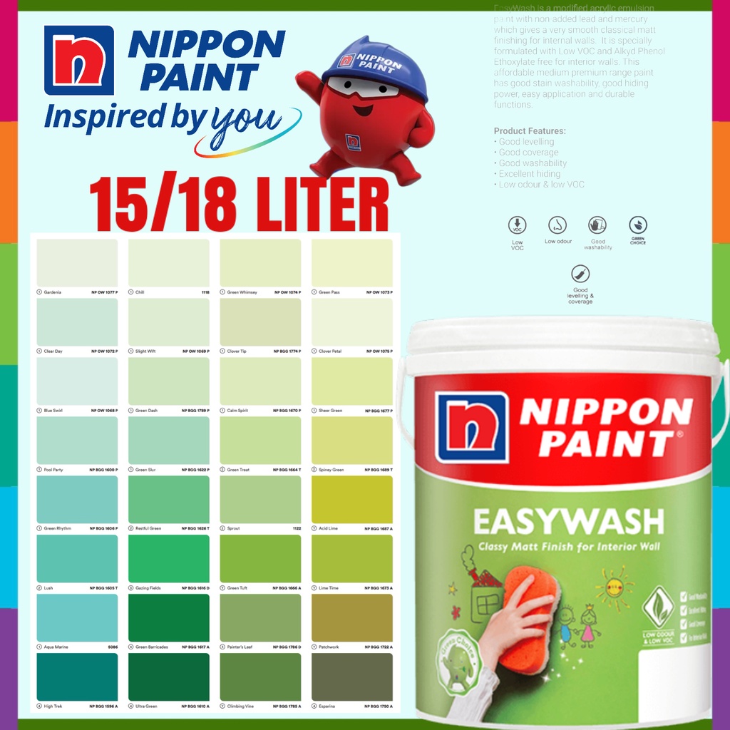 🔥 FOC FREE GIFT 🔥15/18L NIPPON EASY WASH INTERIOR MATT WASHABLE PAINT /CAT DINDING DALAM TAK ...
