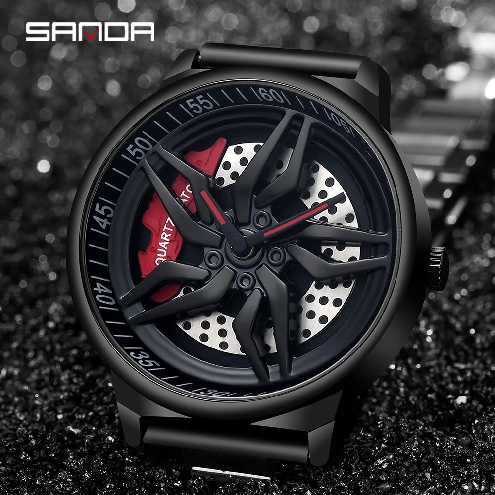 SANDA New Unique Real 3D Model Spinning Car Wheel Hub Watch Luxury Luminous Japan Move ...