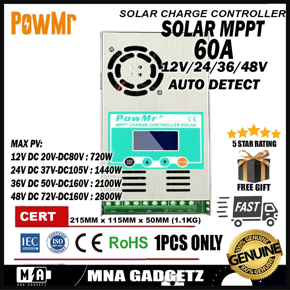 PowMr SOLAR CHARGE CONTROLLER SOLAR MPPT 60A (12V 24V 36V 48V) AUTO DETECT (READYSTOK) MNA ...