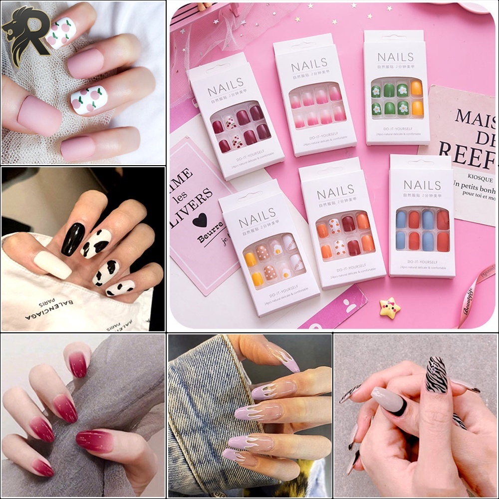 RL 24 Pcs/box Fake Nails with Glue, Kuku Palsu, Finished Waterproof ...