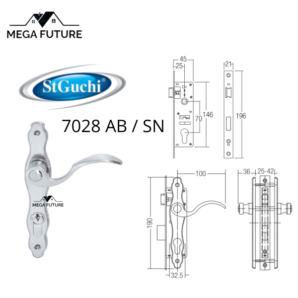 St Guchi Grill Door Lock 7028 Lever Mortise Handle Complete Set (SN/AB ...
