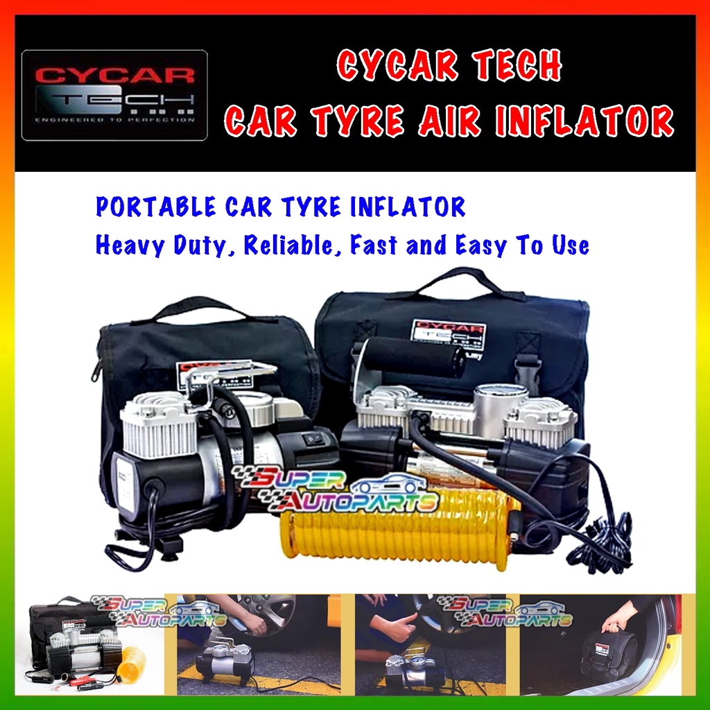 CYCAR TECH PORTABLE AIR INFLATOR TYRE Heavy Duty12V Power Emergency ...