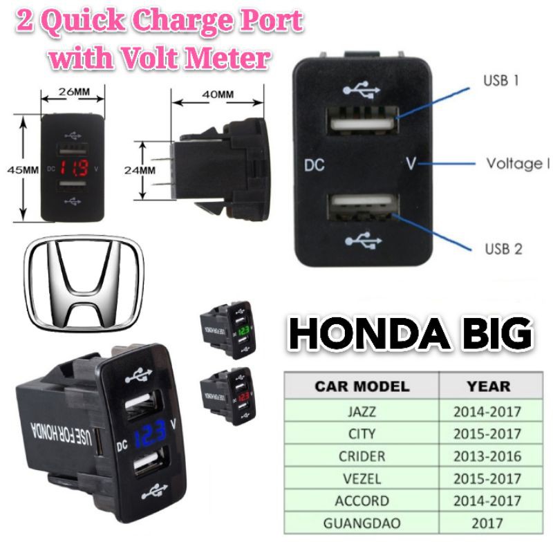 !R/STOCK! HONDA DUAL USB PORT PANEL with LED Voltage meter volt quick ...