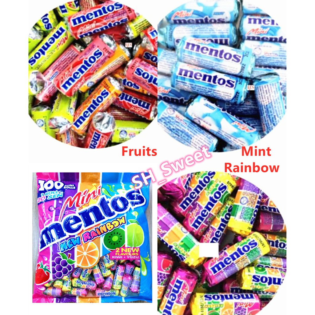 100 Rolls Mini Mentos Roll Rainbow Fruits Mint Candy Gula Minirolls ...