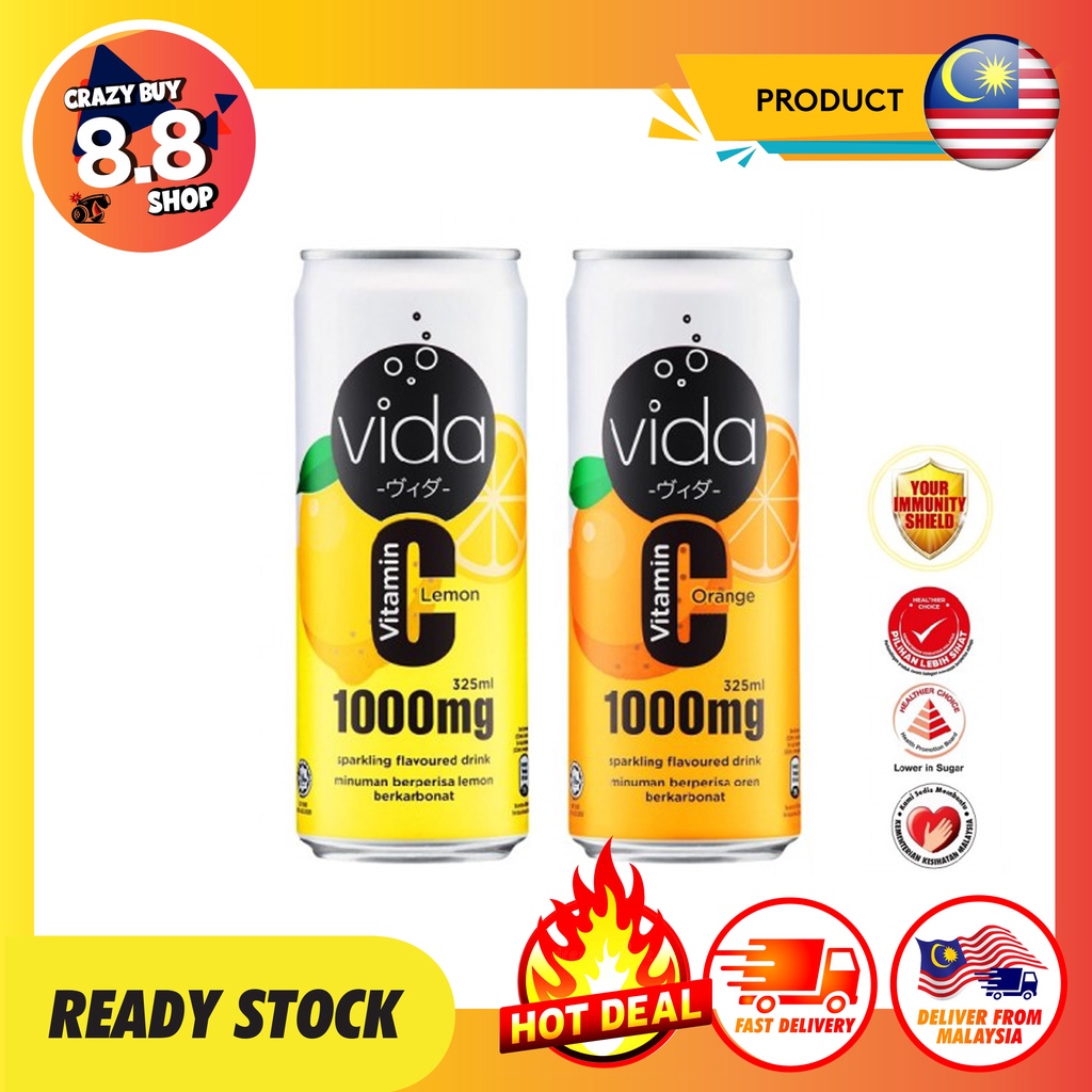 Readystock Vida Vitamin C 1000mg Sparking Drink 325ml Lemon Orange