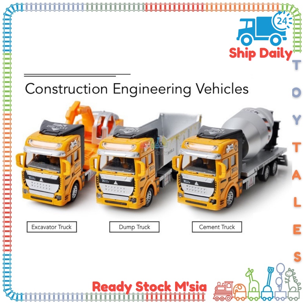 1:48 Alloy Die Cast Large Construction Toy Cars Cement Mixer Excavator ...