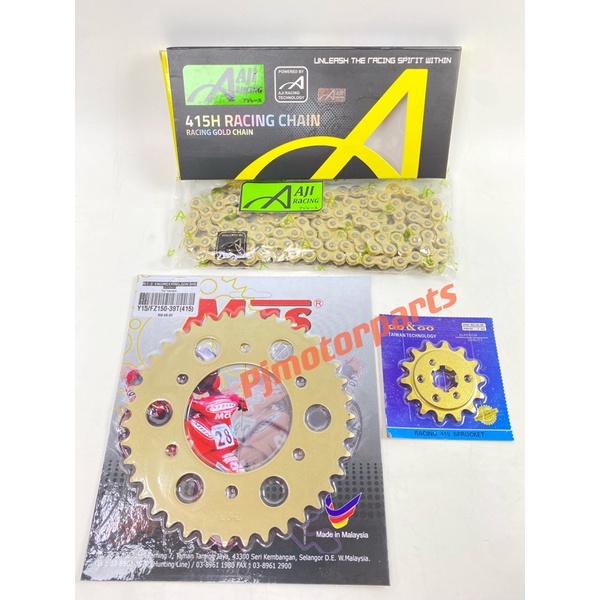 Sprocket Set 415 Y16/ Y15ZR/Y15/ Ysuku/ Aji Racing 415 Racing Chain Gold + Spoket MCS (Gold ...