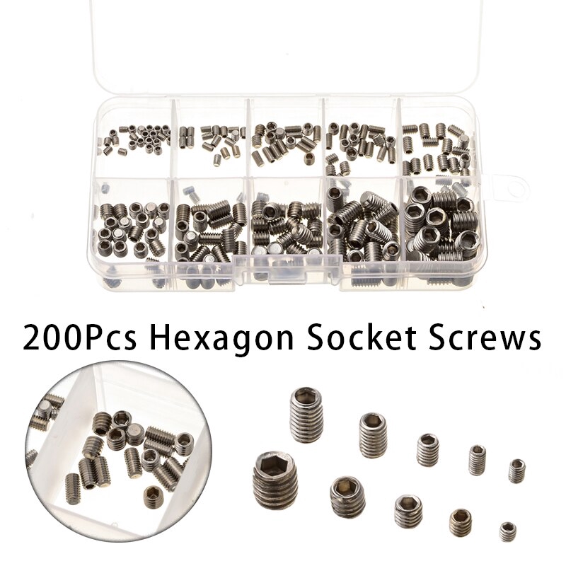 200Pcs/Set 304 Stainless Steel Grub Screws Kit M3/M4/M5/M6/M8 Hex ...
