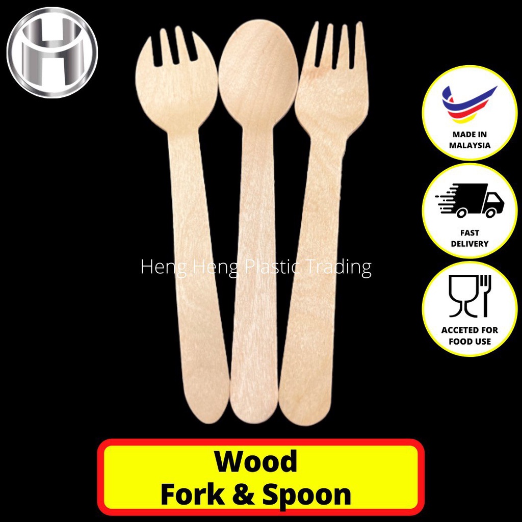 6.5" Wooden Spoon, Fork and Spork / Garpu Sudu Kayu - 50pcs+- | Shopee ...