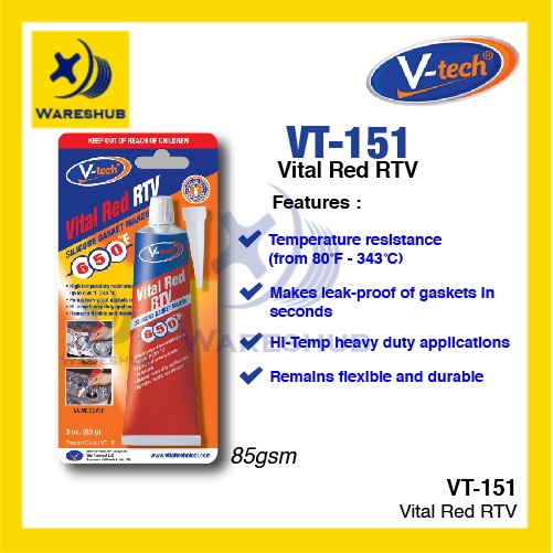V-Tech VT-151 Vital Red RTV Silicone 85g High Temperature Resistant Gasket Maker Heavy Duty ...