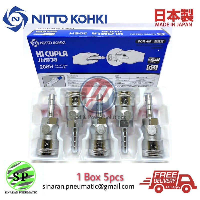 "Genuine" Nitto Kohki Hi Cupla 20SH Socket Hose Barb 1/4",1 Box 5pcs , Hi Coupler , Quick ...