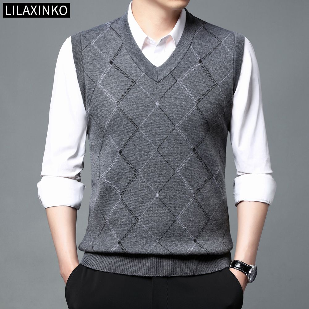 3 Color Men Vest Sleeveless Sweater Knit V Neck Checkered Plaid Striped ...
